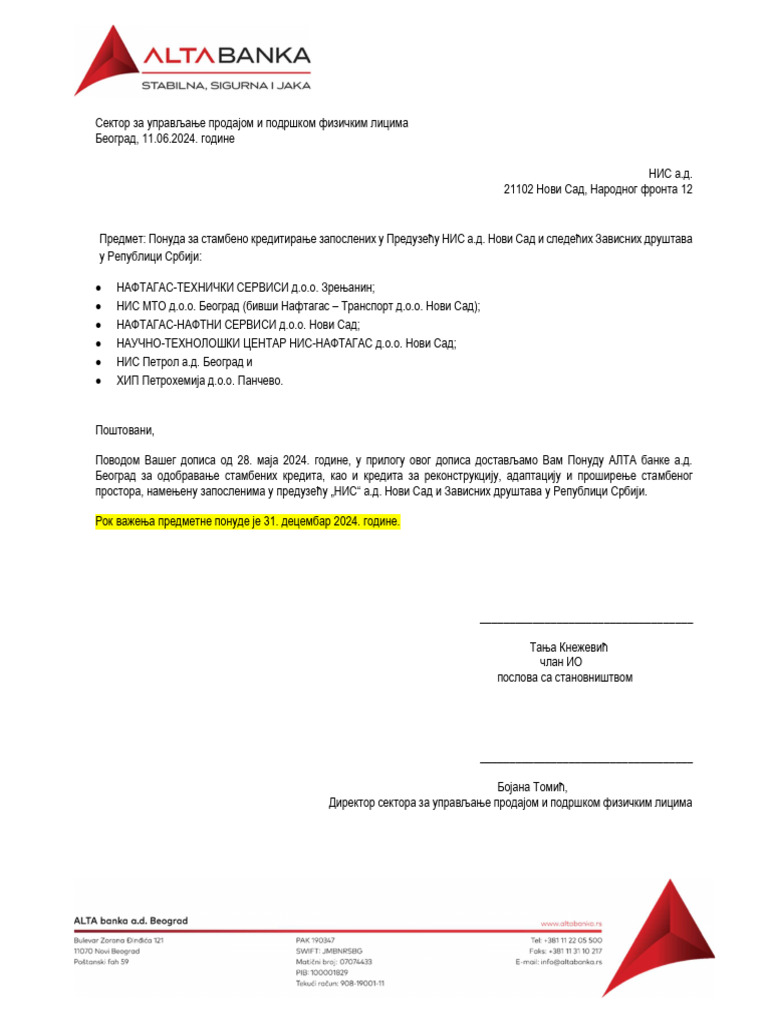 ALTA Banka-Ponuda Stambenih Kredita | PDF