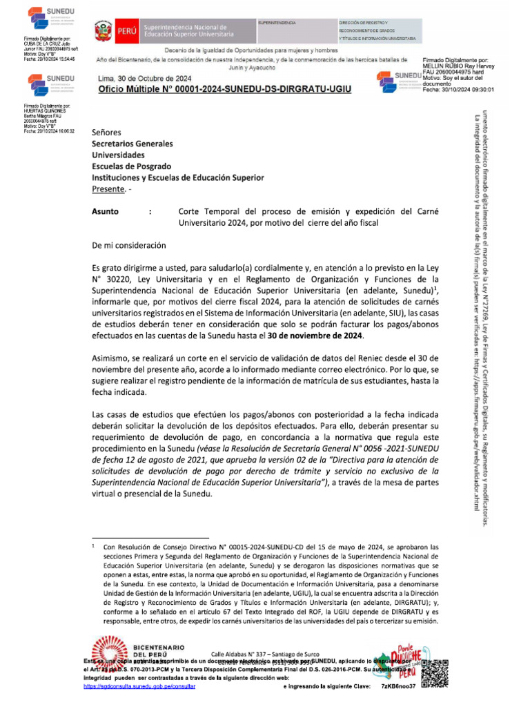 Oficio Múltiple #00001-2024-Sunedu-Ds-Dirgratu-Ugiu - 2 | PDF