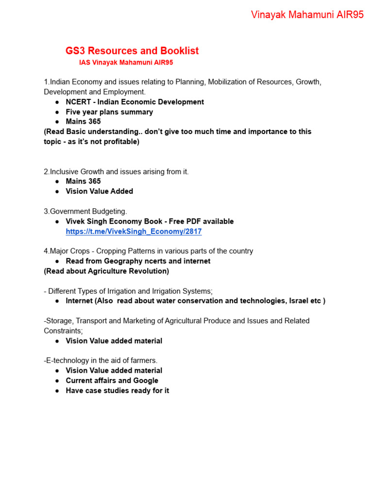 GS3 Detailed Sources by Vinayak Mahamuni AIR95 | PDF | Agriculture | Economies