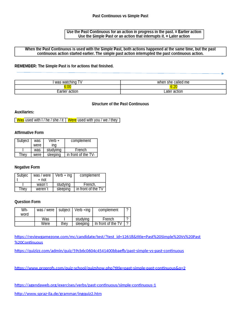 I1 Past Continuous Vs Simple Past Structure and Links | PDF