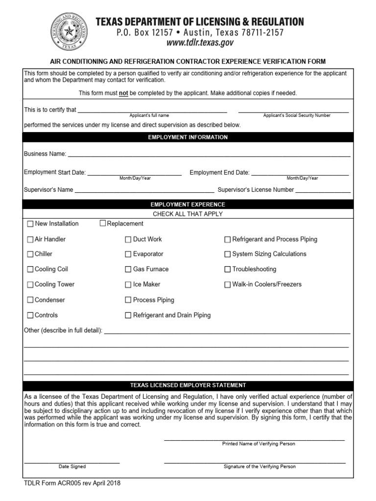 ACR005 Contractor Experience Verification | PDF | Air Conditioning ...