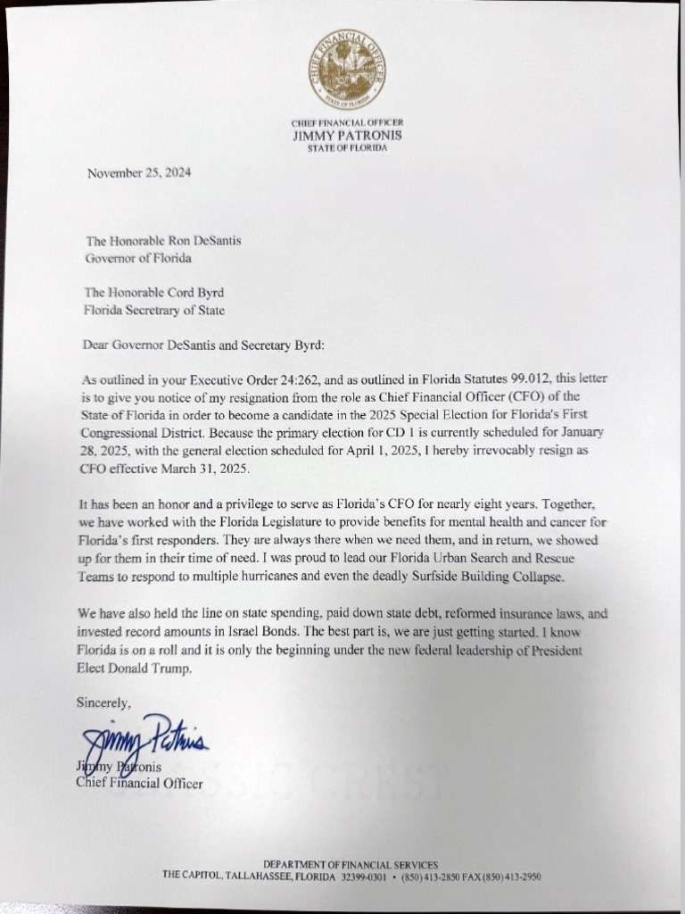 Patronis Resignation Letter | PDF