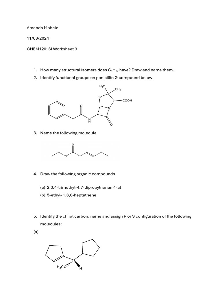 Organic Chemistry SI Worksheet 3 | PDF | Teaching Methods & Materials | Science & Mathematics