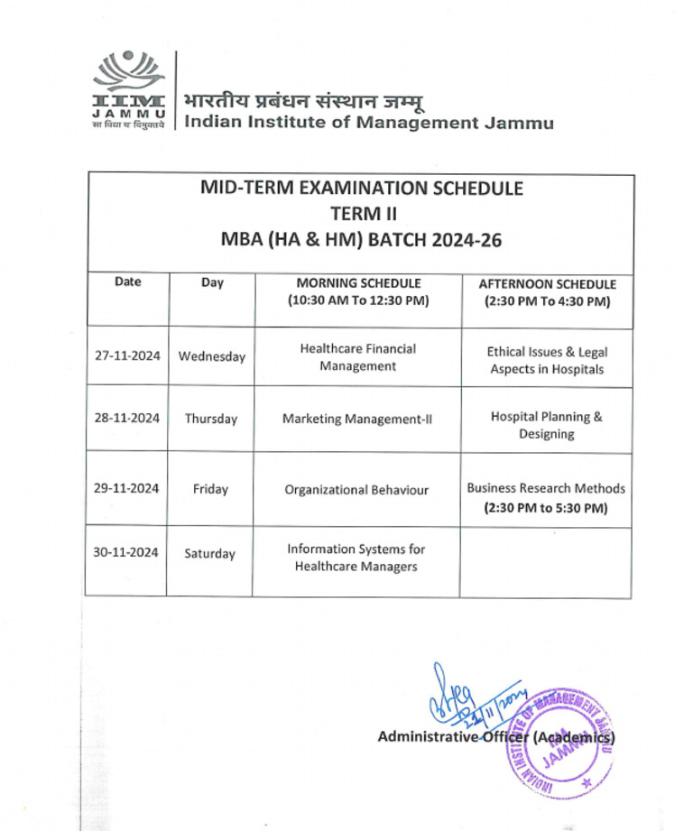 Term-II Exam Schedule - MBA (HA&HM) 2024-26 | PDF