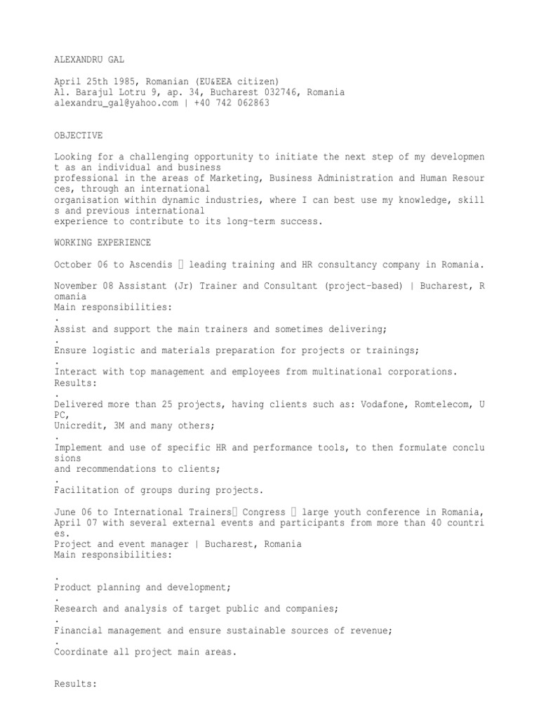 Alexandru Gal - Romania - Resume | PDF | Romania | Internship