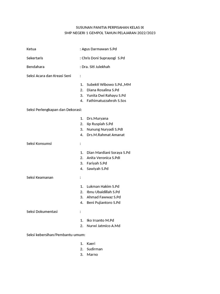 Susunan Panitia Perpisahan Kelas Ix | PDF