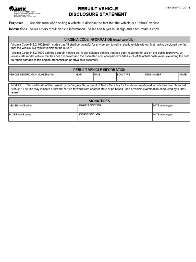 Virginia Rebuilt Vehicle Disclosure Form | PDF