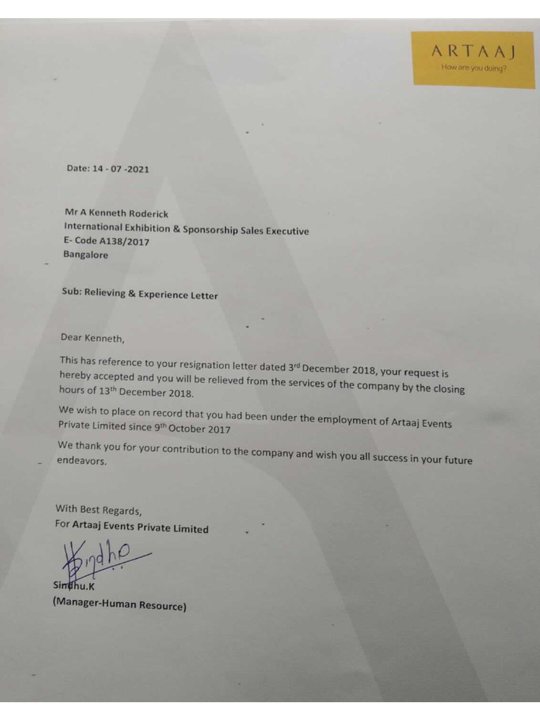 Kenneth - Artaaj Relieving Letter | PDF