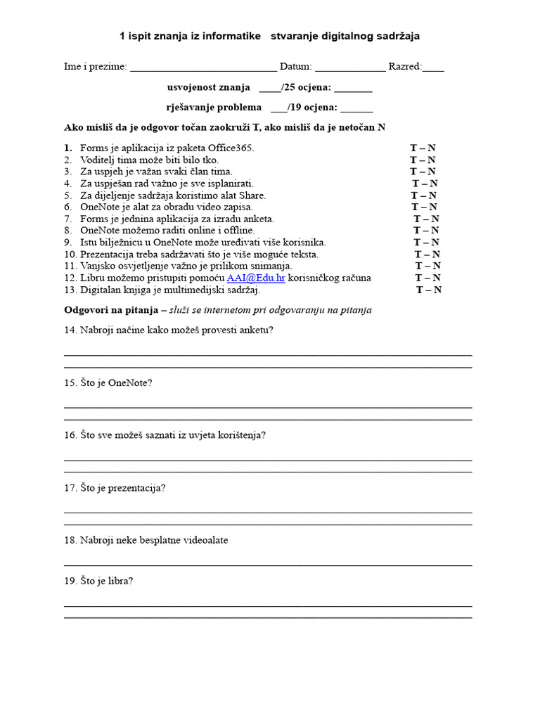 1 Ispit Znanja Iz Informatike - Stvaranje Digitalnog Sadržaja | PDF