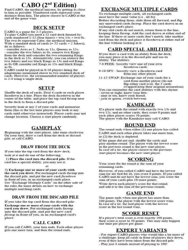 Cabo-Rulesbook To Play With A Standard Deck of Cards | PDF | Playing Cards | Gambling