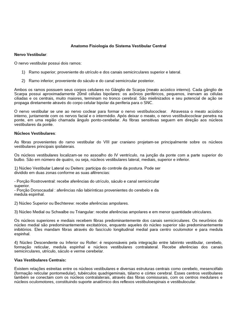 Anatomo Fisiologia Do Sistema Vestibular Central | PDF | Sistema ...