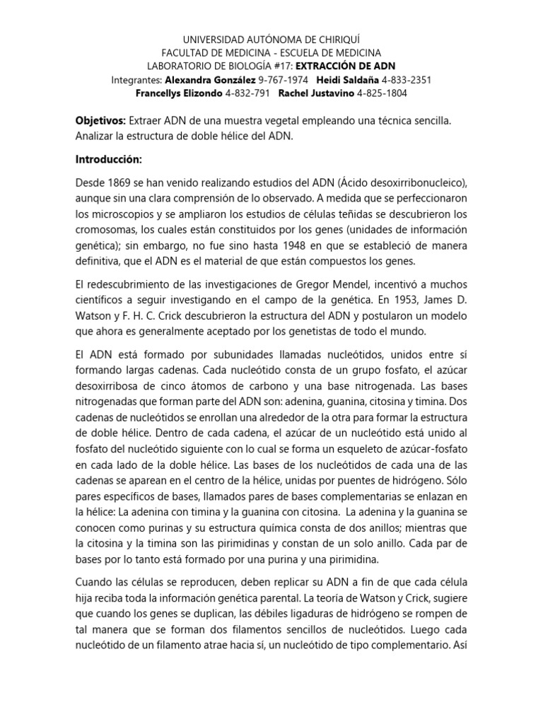 Lab - EXTRACCI-N DE ADN | PDF | Adn | Nucleótidos