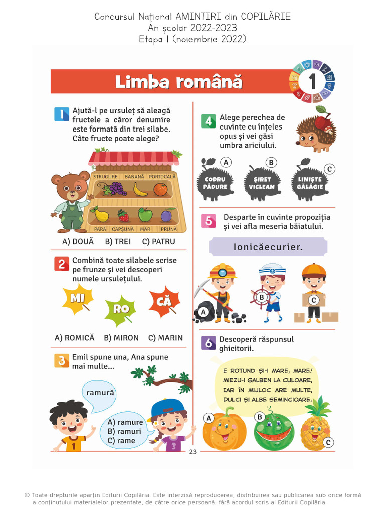Amintiri Din Copilarie - Etapa1 (2022-2023) Subiect Clasa 1 | PDF