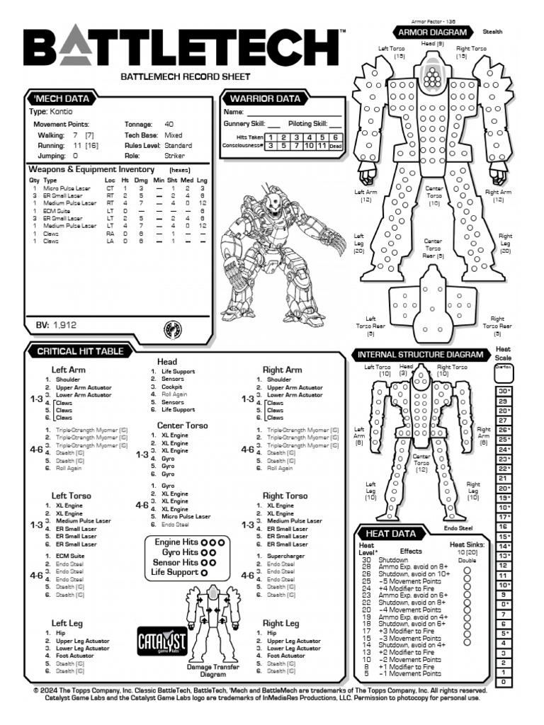 BattleMech Kontio Record Sheet | PDF | Battle Tech