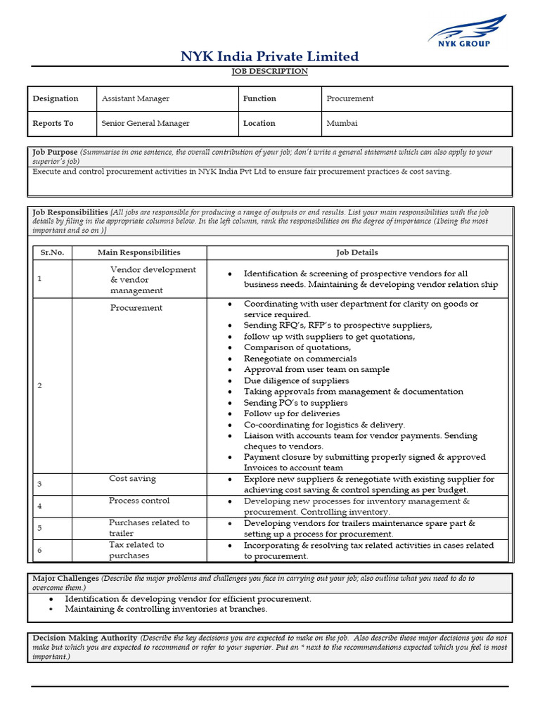 JD - Assistant Manager - Procurement | PDF | Procurement | Business