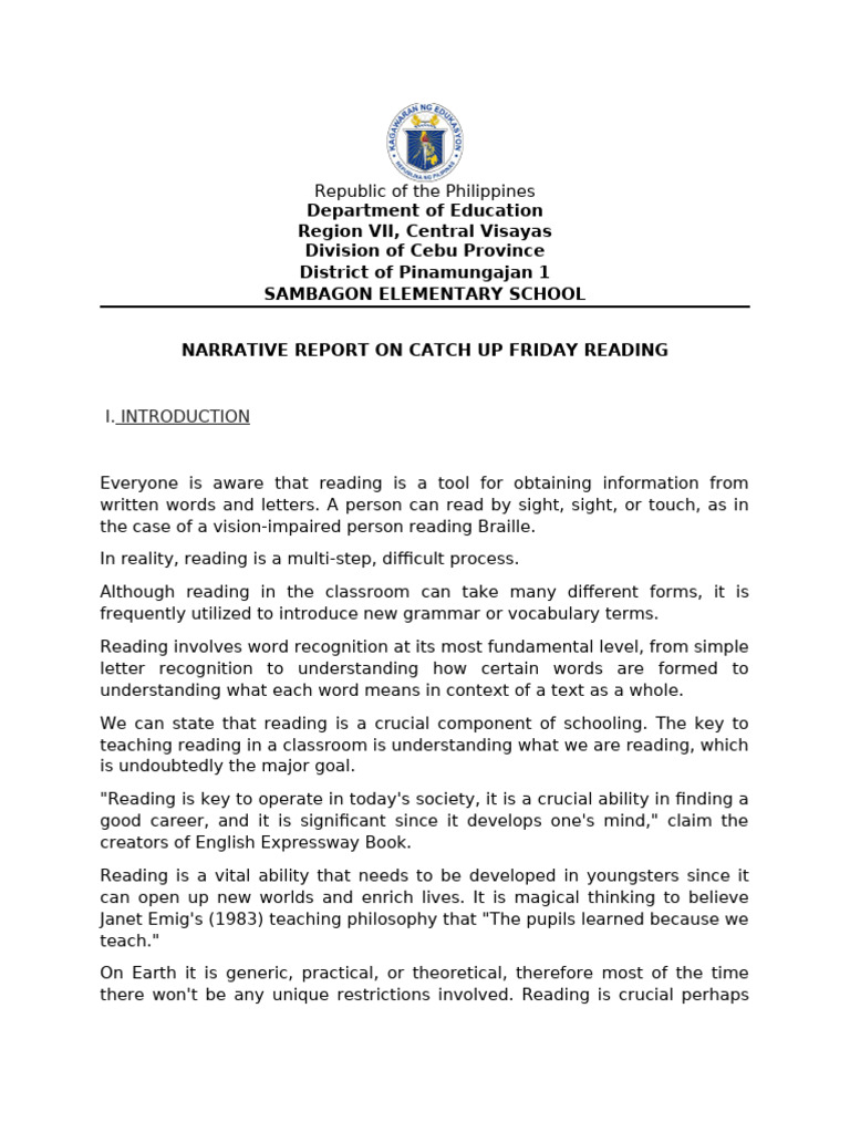 Narrative Report On Catch Up Friday Reading | PDF | Teachers | Learning