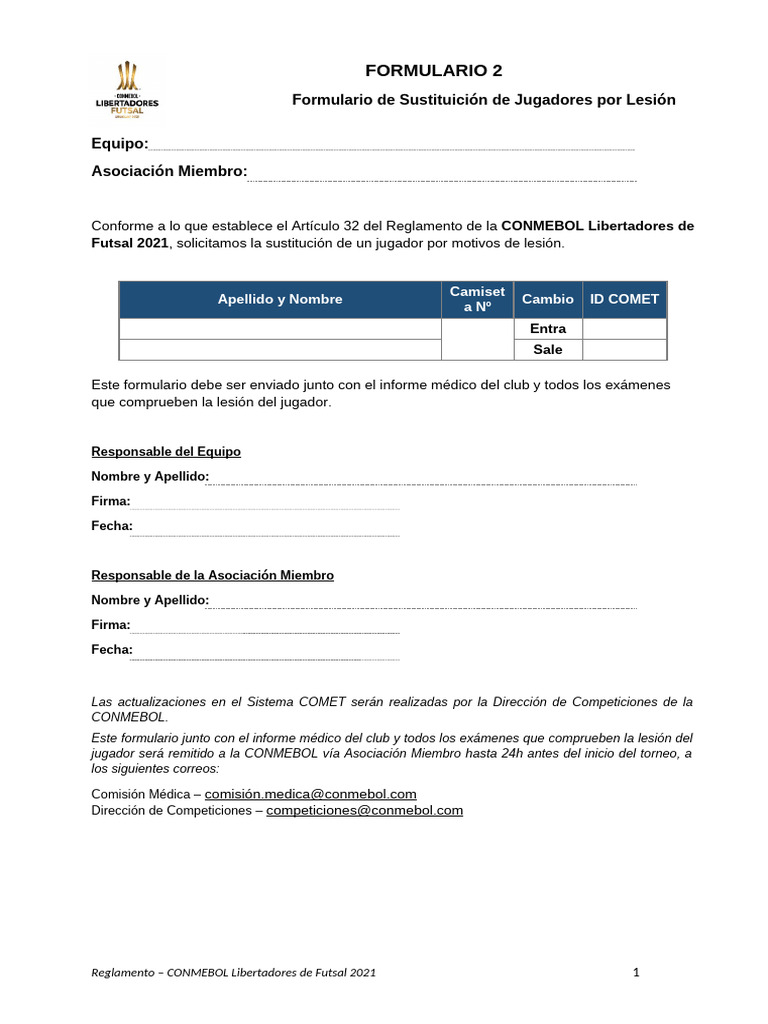 Formulario2 Sustitucion Jugadores Por Lesion | PDF