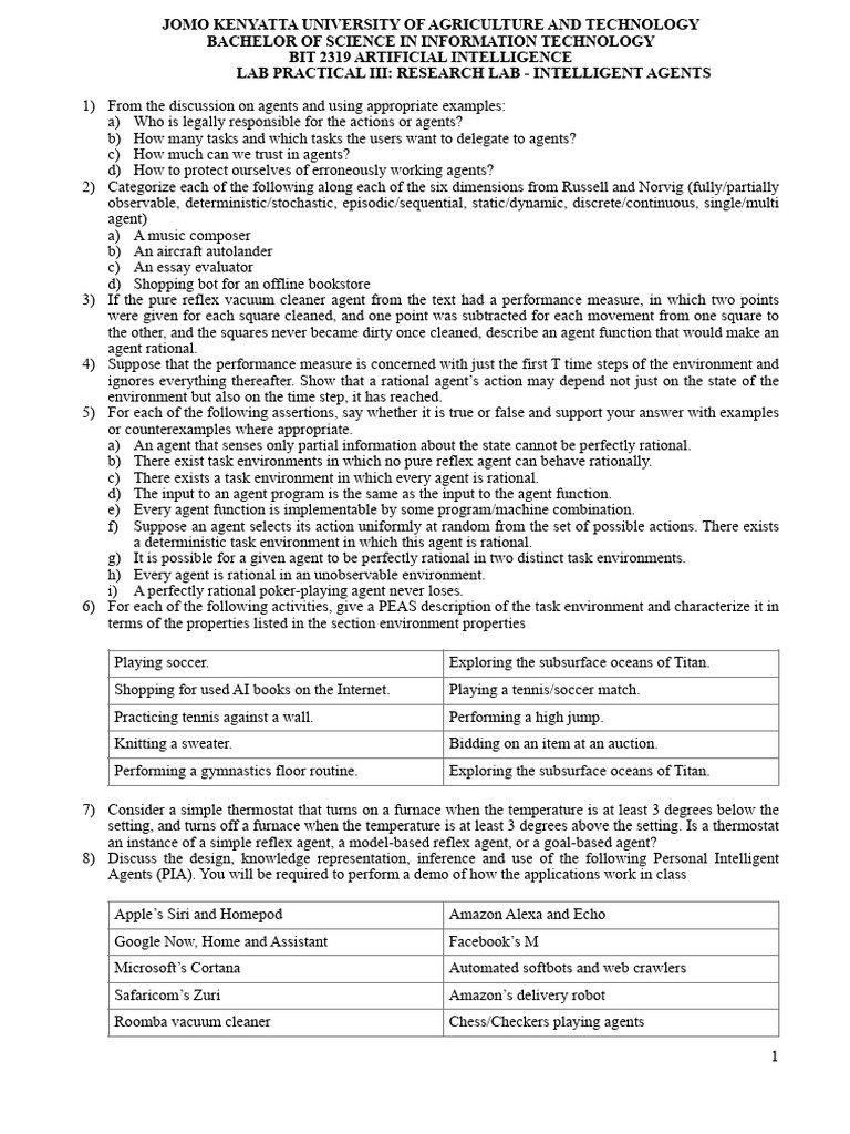 BIT 2319 Lab Practical III - Intelligent Agents | PDF | Artificial Intelligence | Intelligence ...