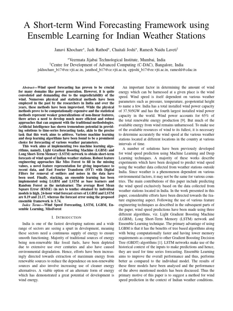 A Short-Term Wind Forecasting Framework Using Ensemble Learning For ...