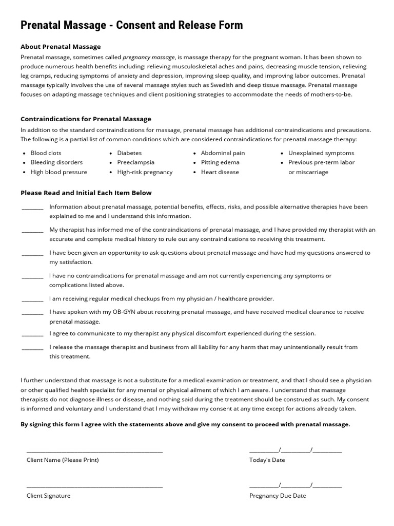 Prenatal Massage Consent and Release Form | PDF | Massage | Pregnancy