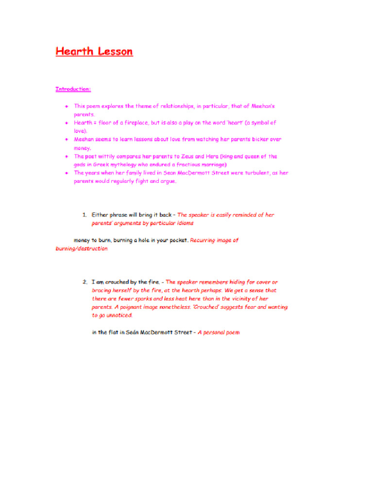 Revision Notes-Hearth Lesson by Paula Meehan | PDF
