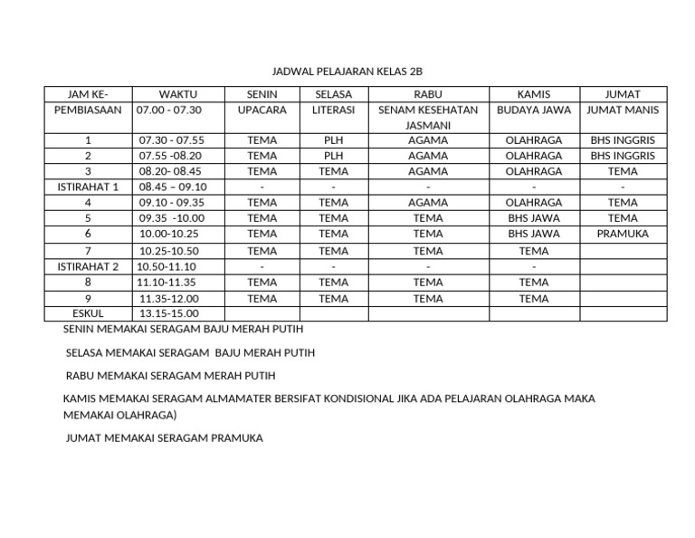 Jadwal Pelajaran Kelas 2B Mingguan | PDF