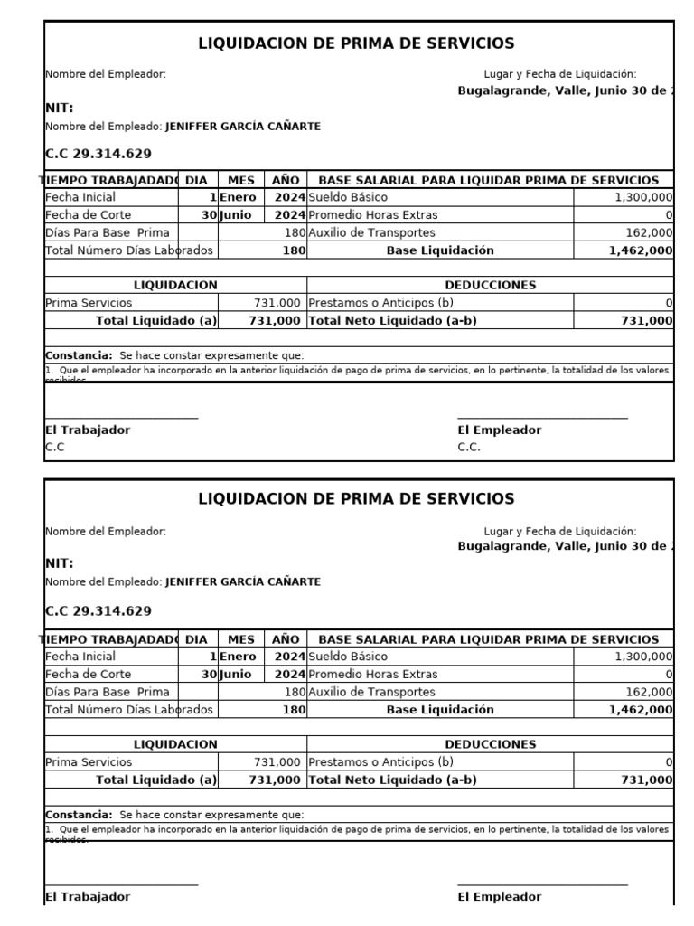 Prima de Servicios - Liquidador Excel | PDF
