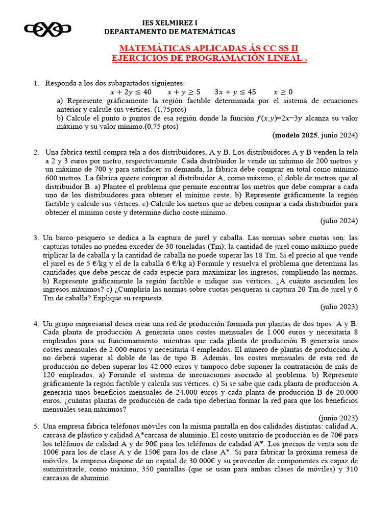 03ejercicios ABAU Programación Lineal | PDF | Vino | Oferta (economía)