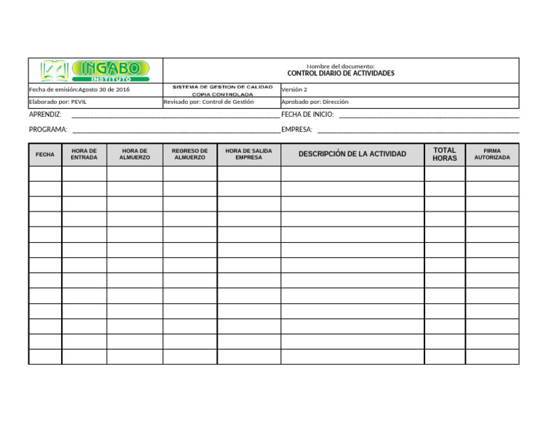 Control Actividades Ingabo | PDF
