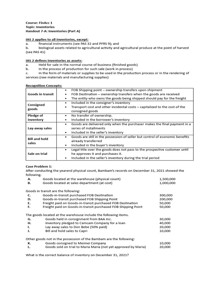 Handout 7A - Inventories (Part A) | PDF | Cost Of Goods Sold | Inventory