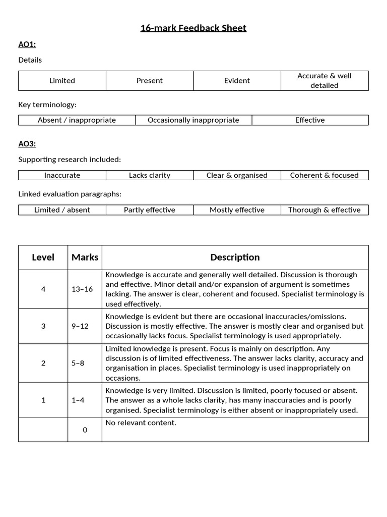 16 Mark Feedback Sheet | PDF | Career & Growth