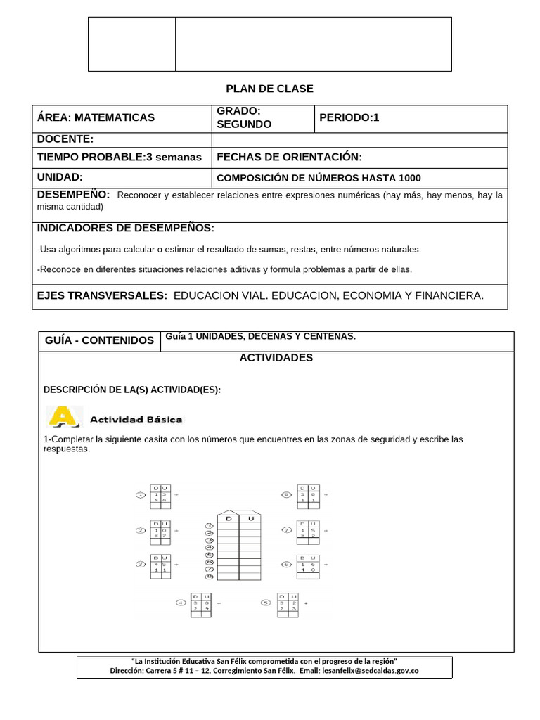 Plan de Clase 1 Matematicas | PDF