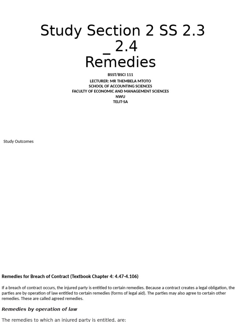Study Section 2 SS 2.3 - 2.4 Remedies | PDF | Damages | Breach Of Contract