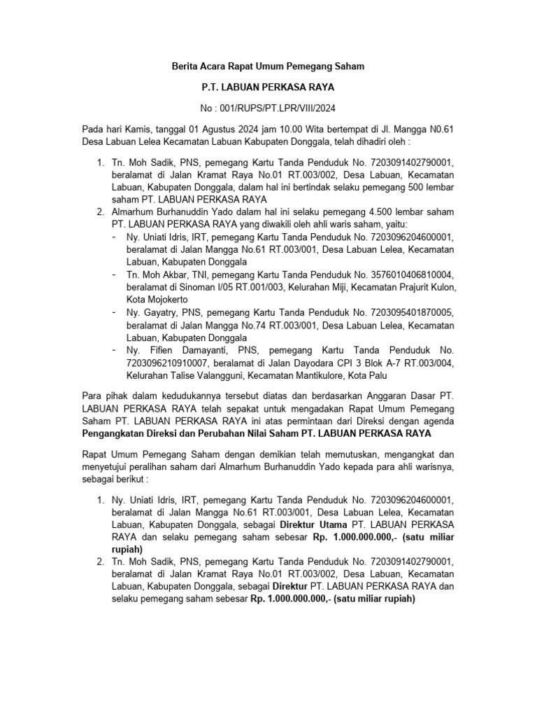 Draft RUPS PT - LPR | PDF | Hukum | Griya & Taman