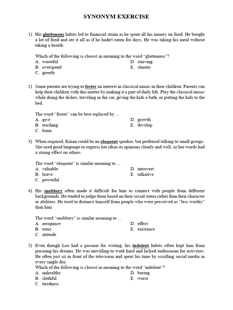Synonym Exercise for Vocabulary Skills | PDF