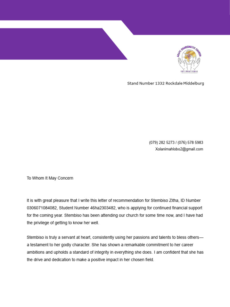 Recommendation for Stembiso Zitha's Support | PDF | Lifestyle
