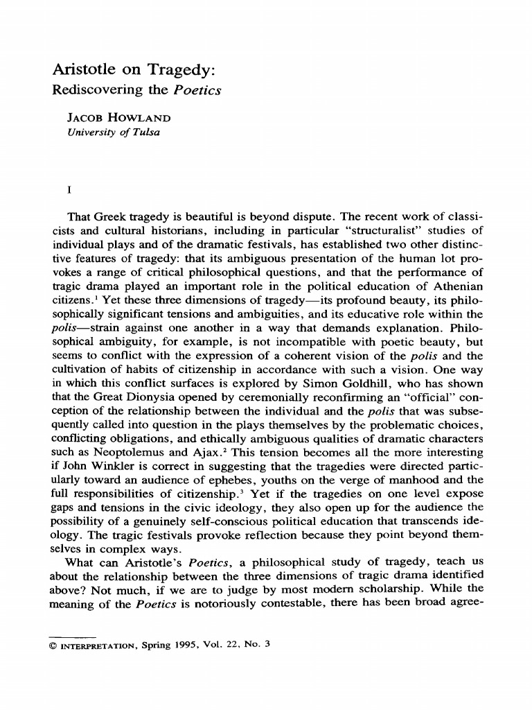 Jacob Howland - Aristotle On Tragedy | PDF | Poetics (Aristotle) | Tragedy