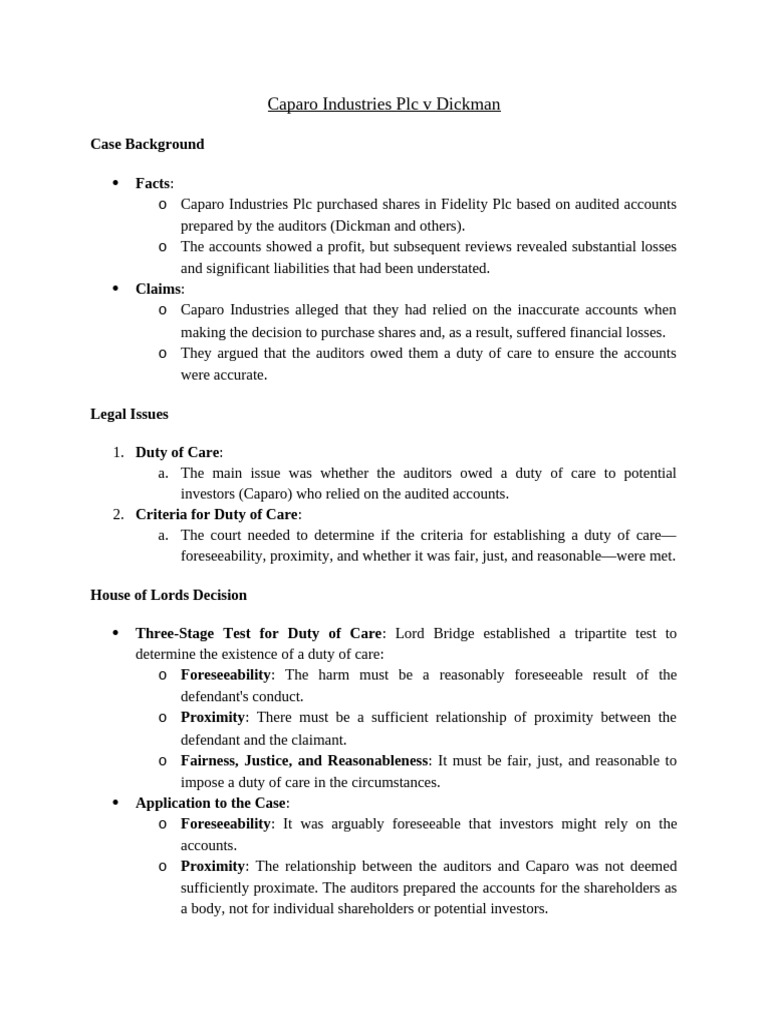 Caparo Industries PLC V Dickman | PDF | Negligence | Duty Of Care