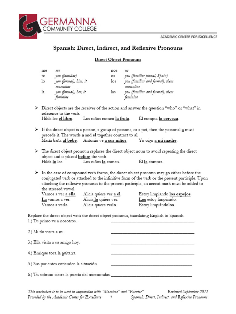 Spanish Direct Indirect Reflexive Pronouns | PDF | Language Mechanics ...