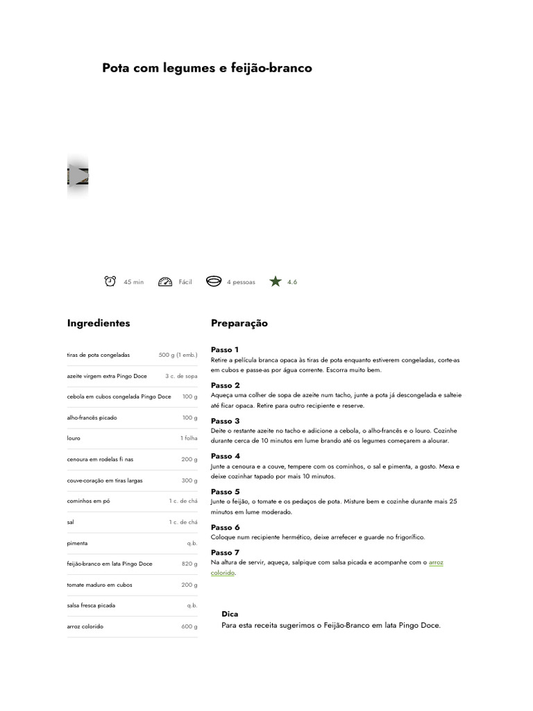 Pota Com Legumes e Feijão-Branco - Receitas - Pingo Doce | PDF | Alimentos