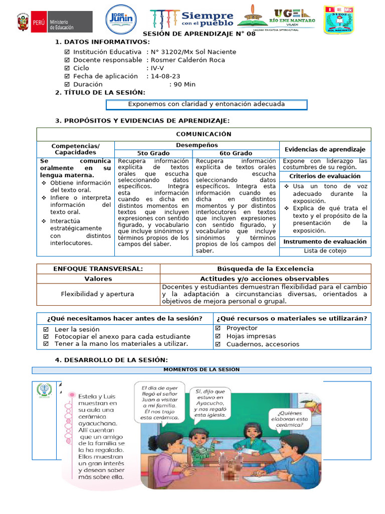 Sesión de Aprendizaje N 14-08-23 Comu | PDF | Evaluación | Aprendizaje