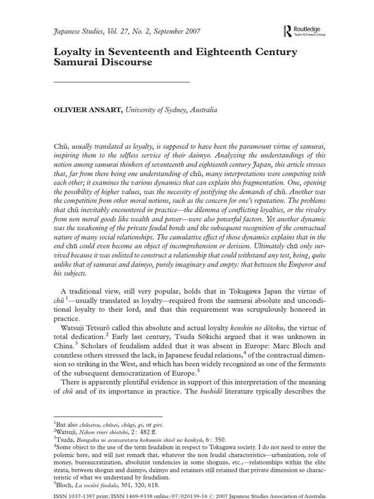 Loyalty in Seventeenth and Eighteenth Century Samurai Discourse | PDF ...