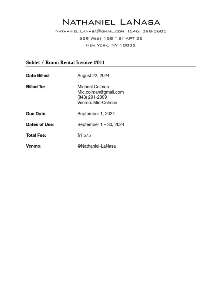 Sublet Invoice for Room Rental | PDF