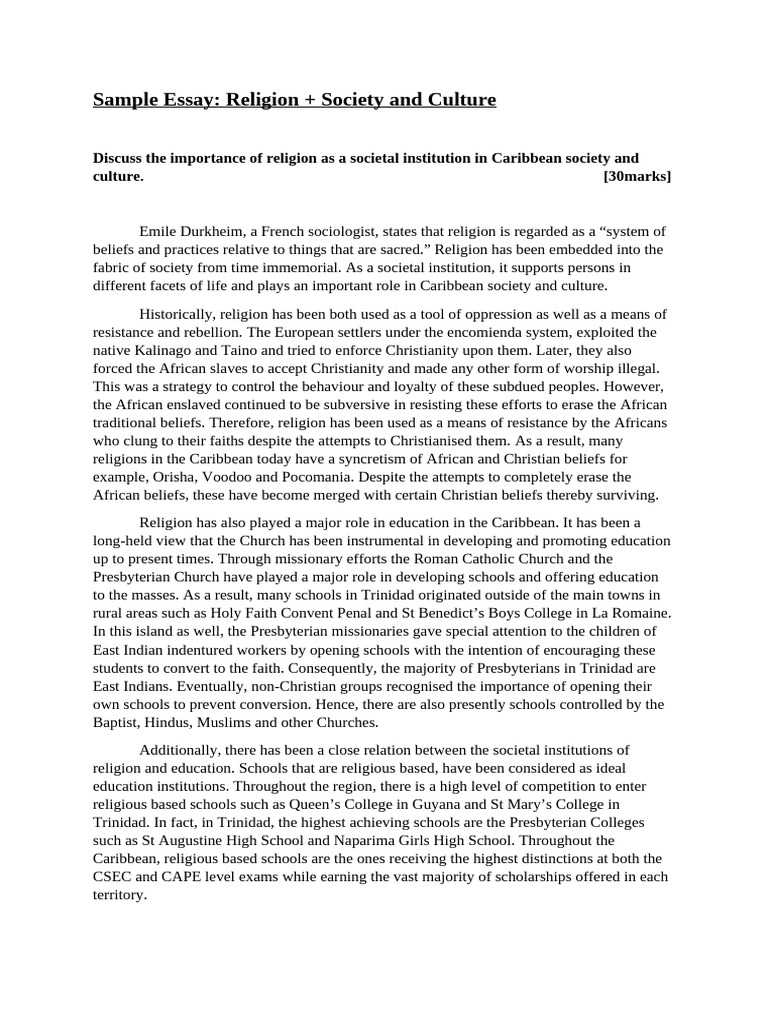 Sample Essay - Religion + Society and Culture | PDF | Trinidad And ...