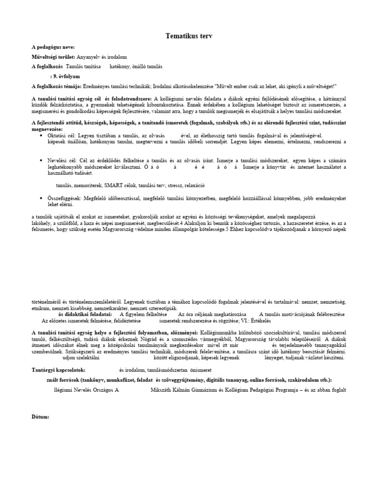 Tematikus Terv Tanulás Tanítása 9.évf. | PDF