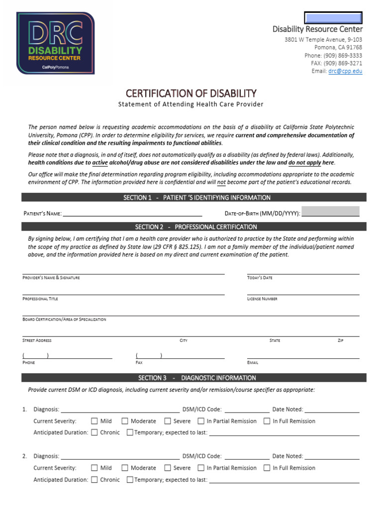 Disability Certification Form For Cpp Pdf Diagnostic And