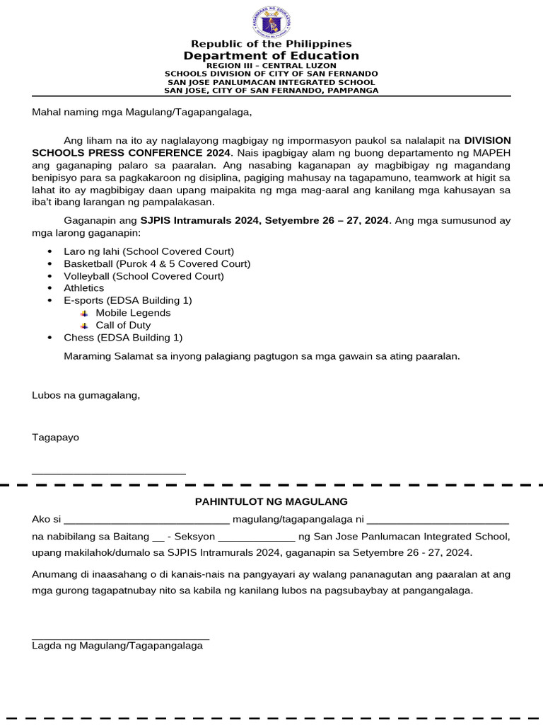 Letter To Parents Palaro Final | PDF