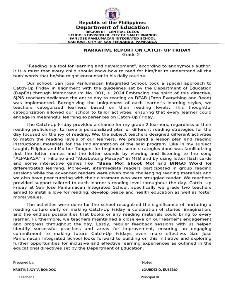 Catch-Up Friday Reading Program Report | PDF | Learning | Teachers