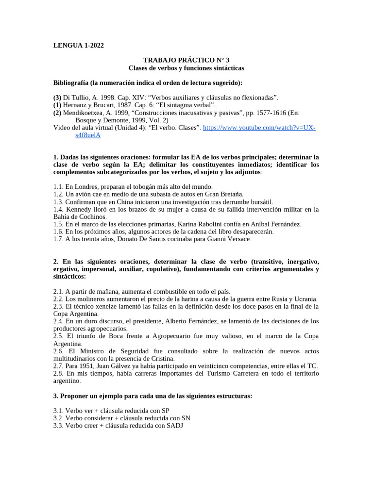TP Nº3-Clases de Verbos y Funciones Sintácticas | PDF | Verbo | Asunto (gramática)