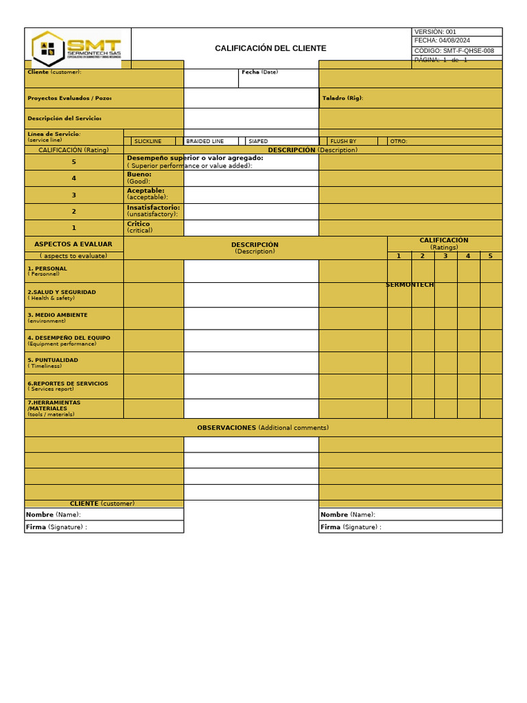 Smt-F-Qhse-008 Calificación Del Cliente V1. | PDF